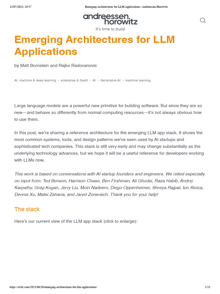 Emerging Architectures For LLM Applications - Andreessen Horowitz | PDF | Databases | Computing