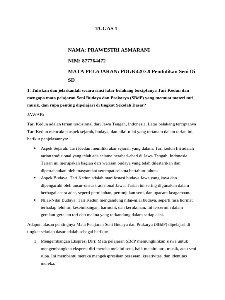 TUGAS 1 Pendidikan Seni Di SD | PDF