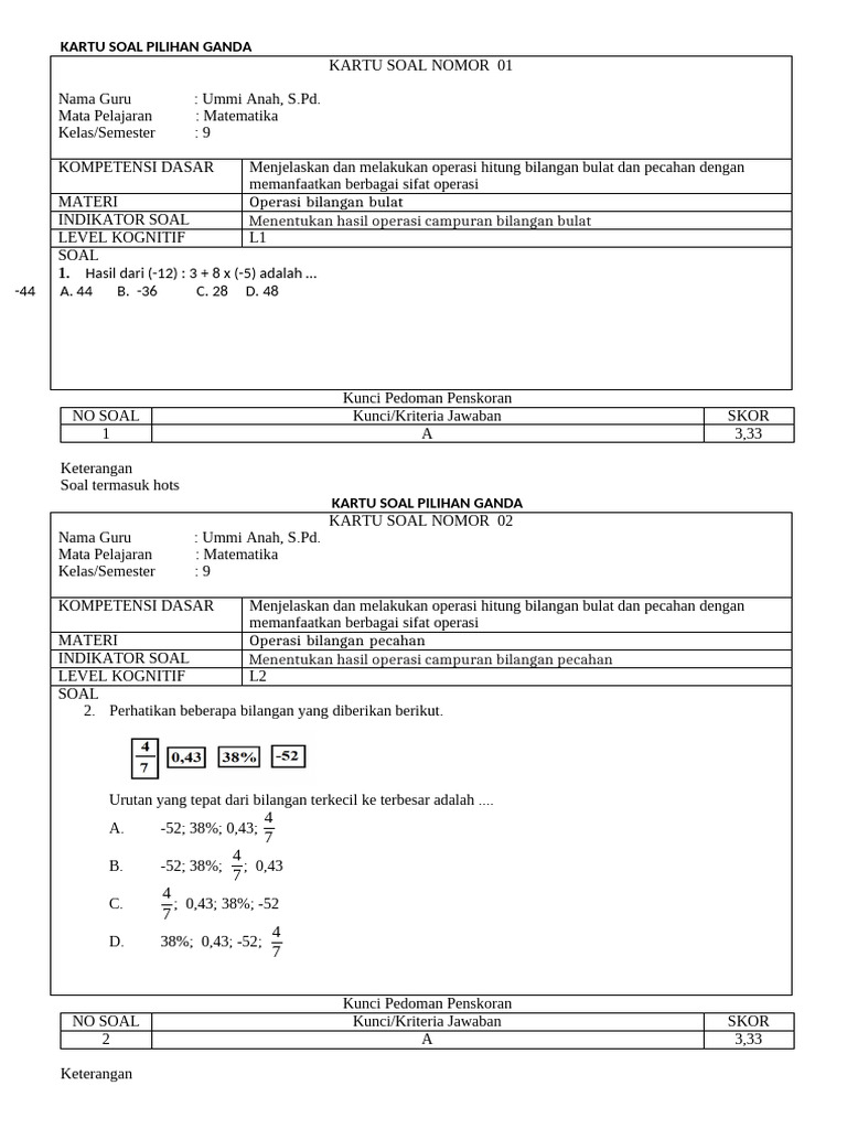 Kartu Soal Pilgan MTK Ummi | PDF