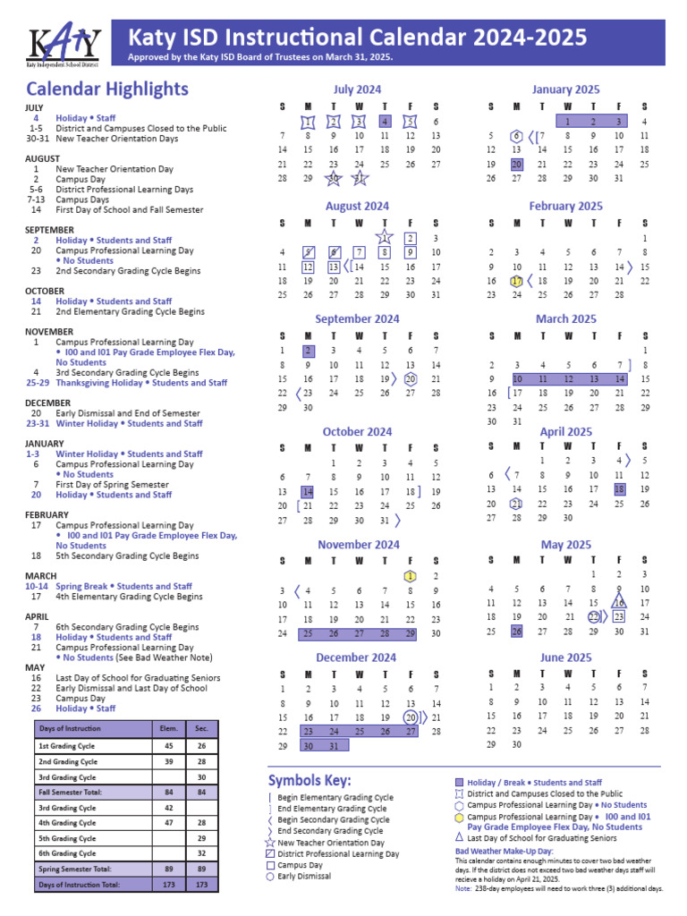Katy ISD 2024-2025 Calendar Overview | PDF | Academic Term ...