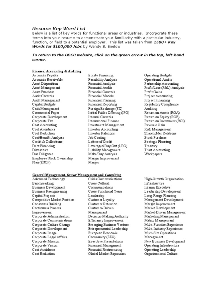 Resume Key Word List | PDF | Employment | Mergers And Acquisitions