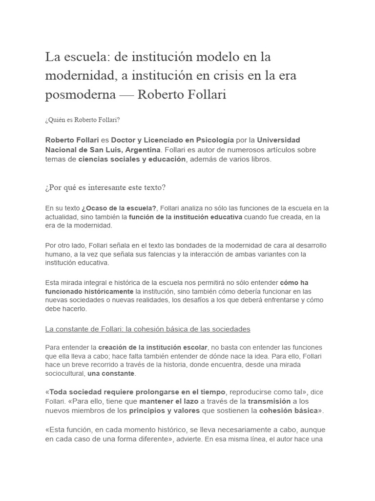 ROBERTO FOLLARI La Escuela: de Institución Modelo en La Modernidad, A ...