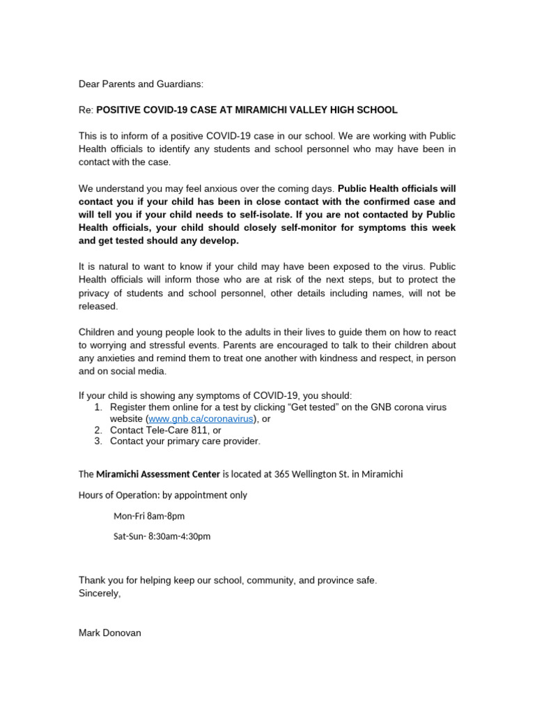 Parent Letter Mvhs | PDF
