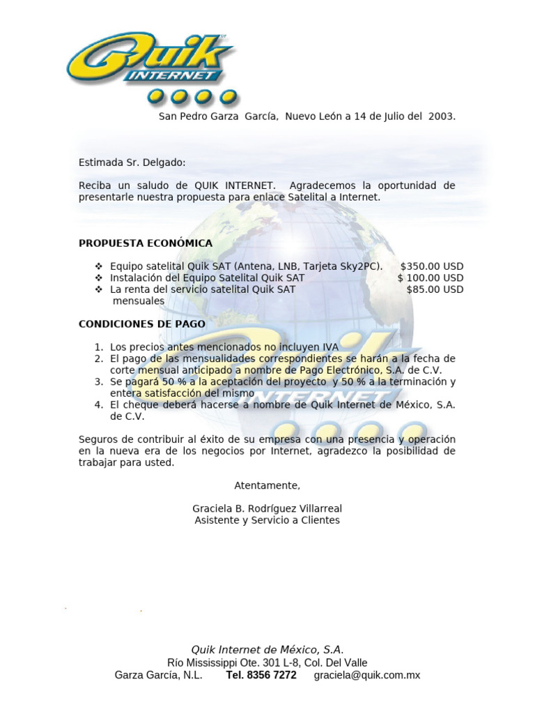 Cotización QuikSat | PDF | Internet | Televisión via satélite