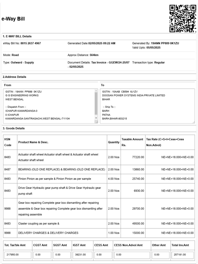 E-Way Bill System 070 DOOSAN | PDF | Payments | Manufactured Goods