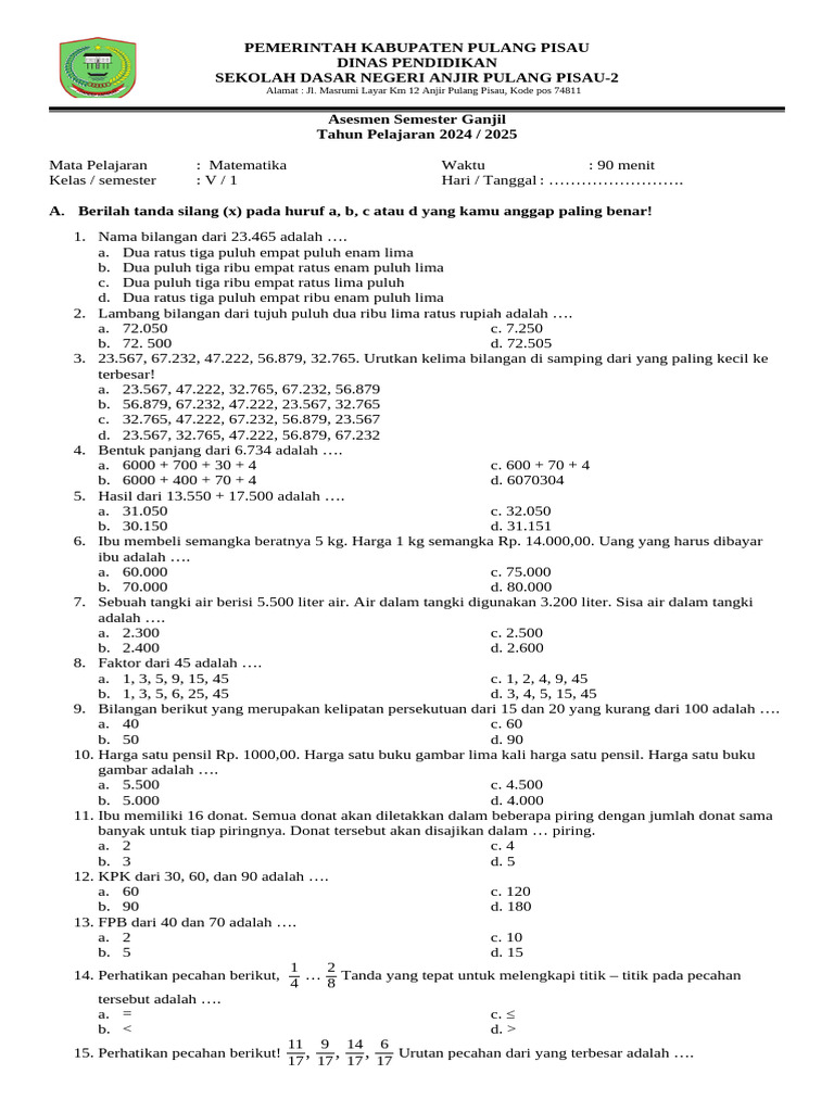 Asesmen MTK Kls 5 SMT 1 | PDF