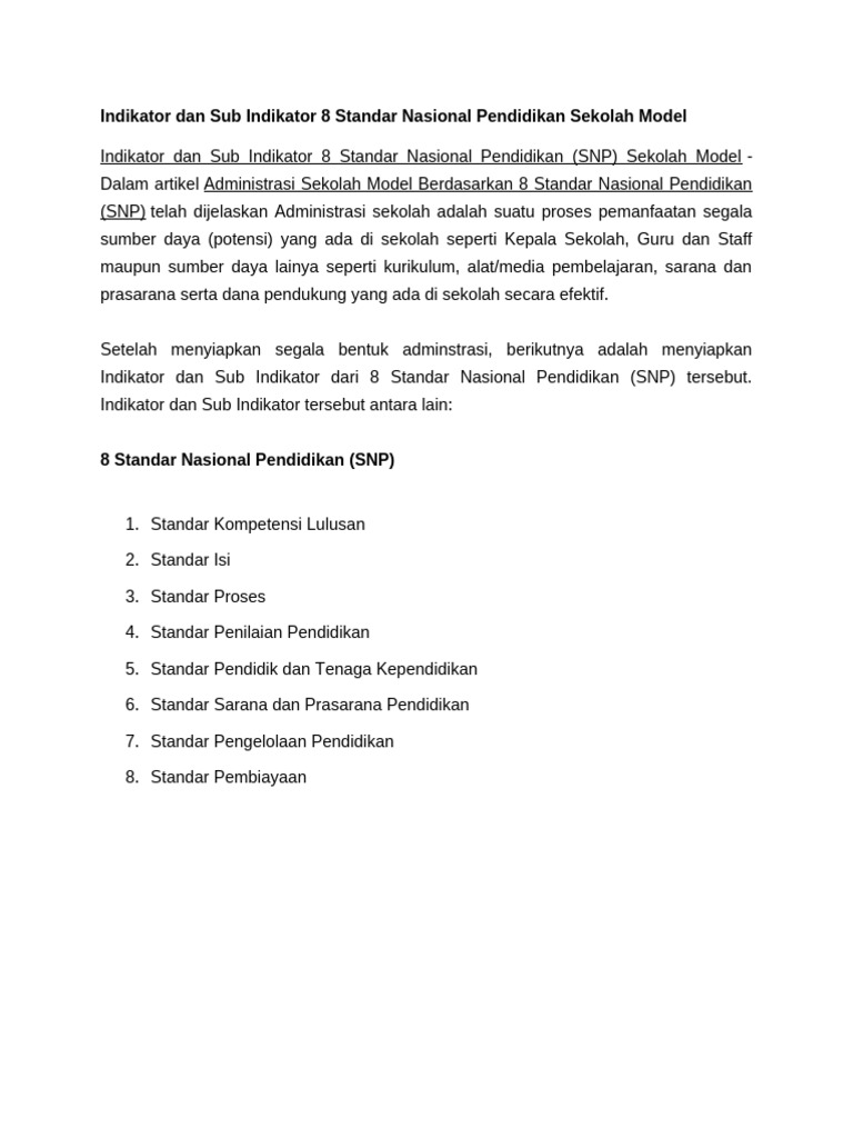 Indikator Dan Sub Indikator 8 Standar Nasional Pendidikan Sekolah Model | PDF