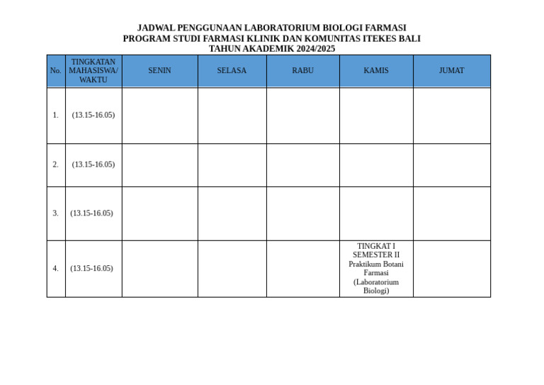 Jadwal Penggunaan Lab Biologi Farmasi | PDF