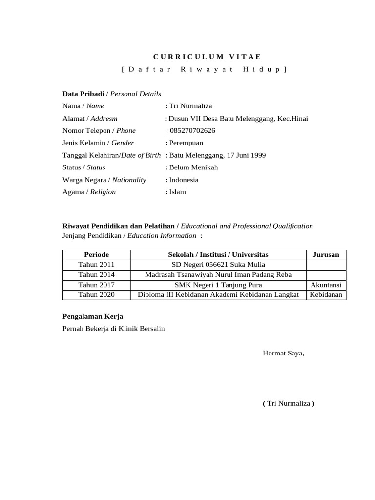 CV Tri Nurmaliza | PDF
