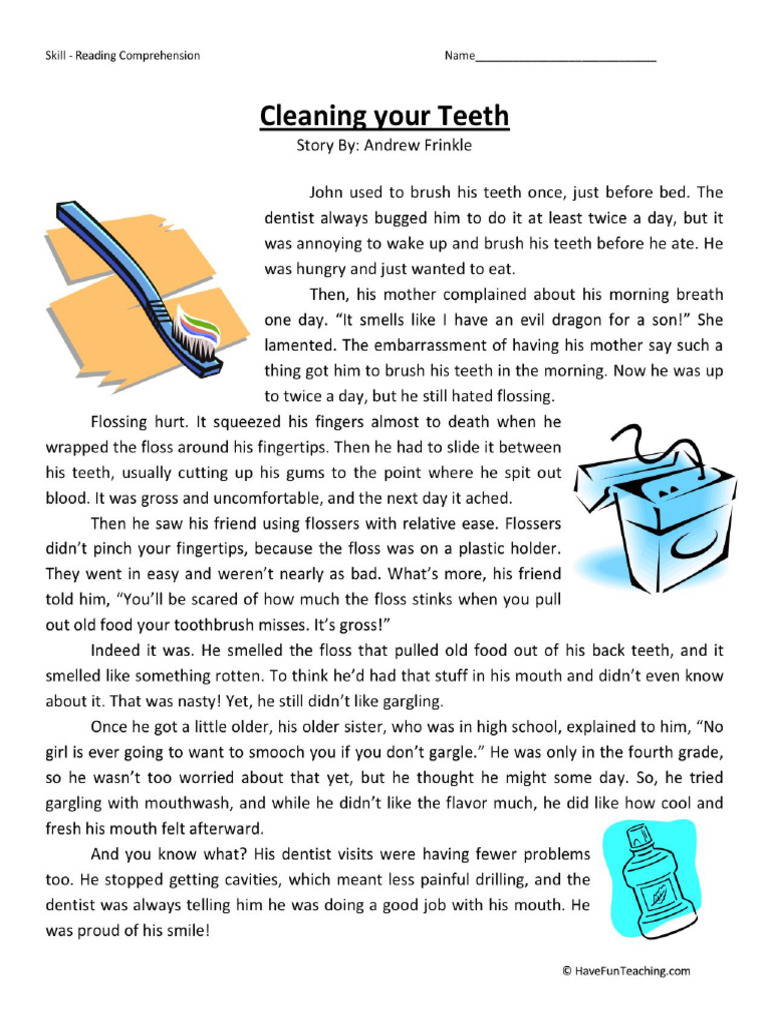 Free Cleaning Your Teeth Fourth Grade Reading Comprehension Worksheet | PDF