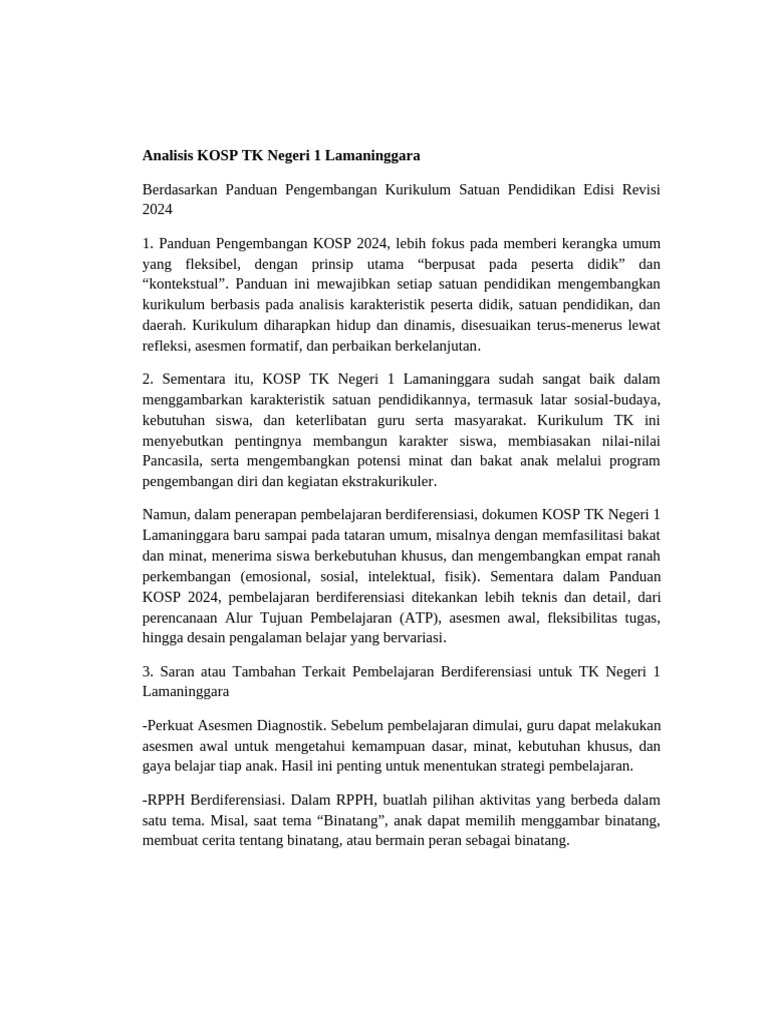 Analisis KOSP TK Negeri 1 Lamaninggara | PDF
