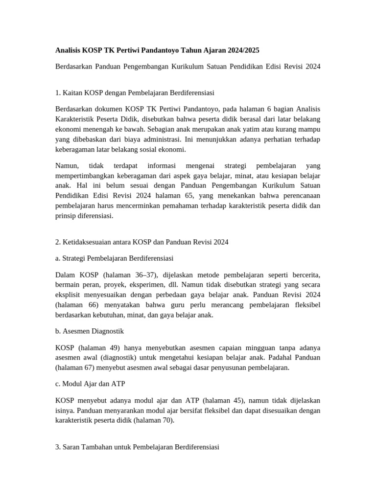 Analisis KOSP Berdiferensiasi TK Pertiwi 2 | PDF