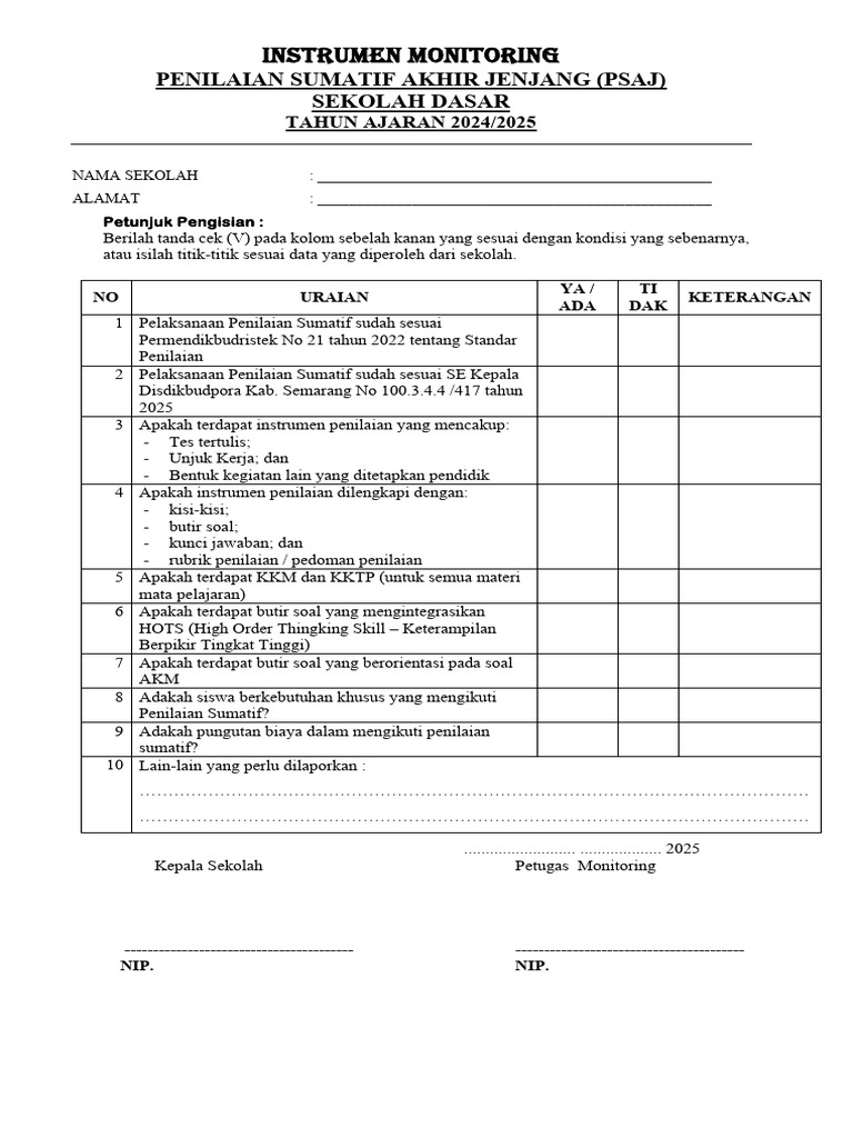 Instrumen Monev Pelaksanaan Psaj 2025 | PDF