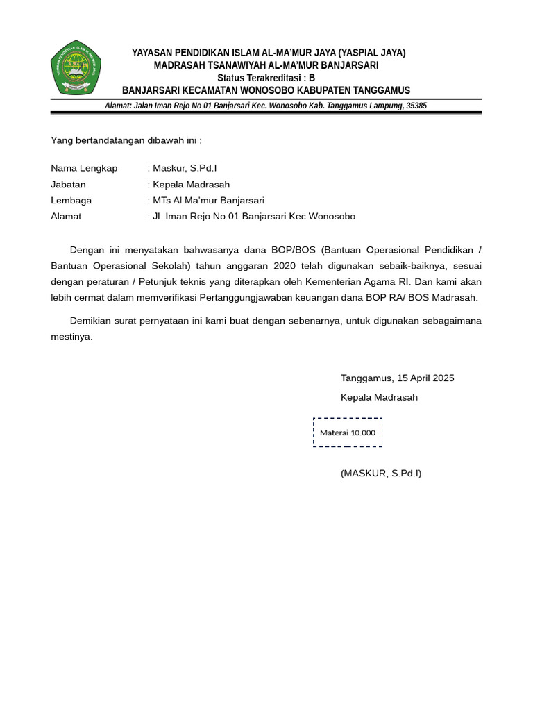 Contoh Surat Pernyataan TLHP BPK 2020 | PDF