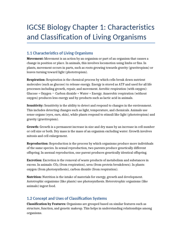 IGCSE Biology Chapter 1 Detailed Notes | PDF | Cellular Respiration ...