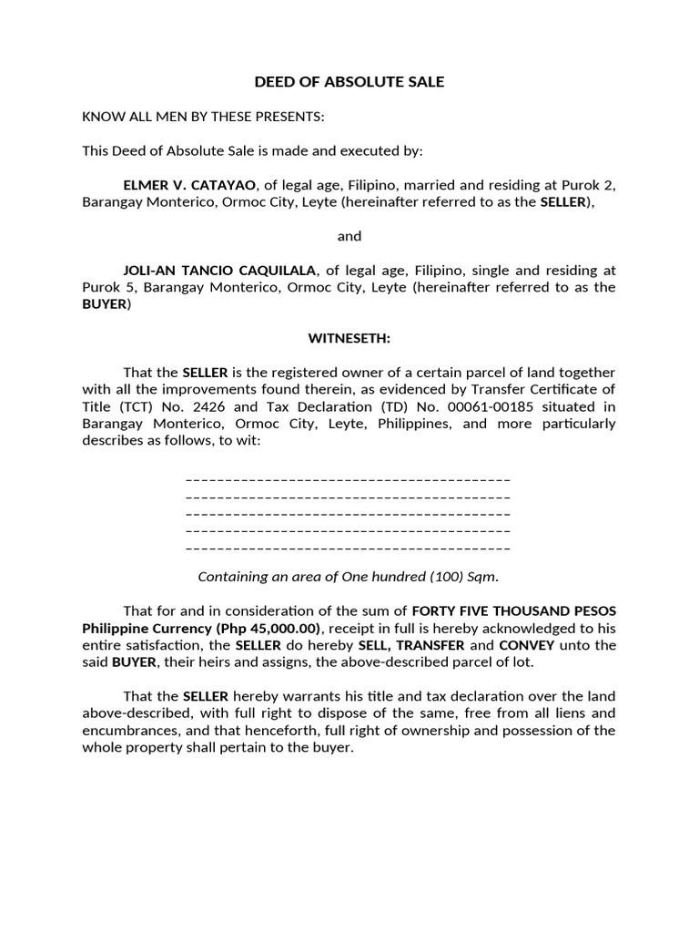 Deed of Absolute Sale Land | PDF | Deed | Private Law