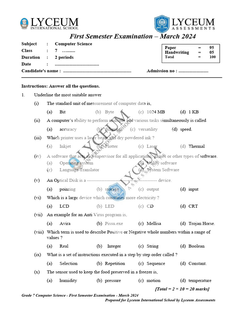 Grade 7 Computer Science 1 Pdf Boolean Data Type Computing 3844