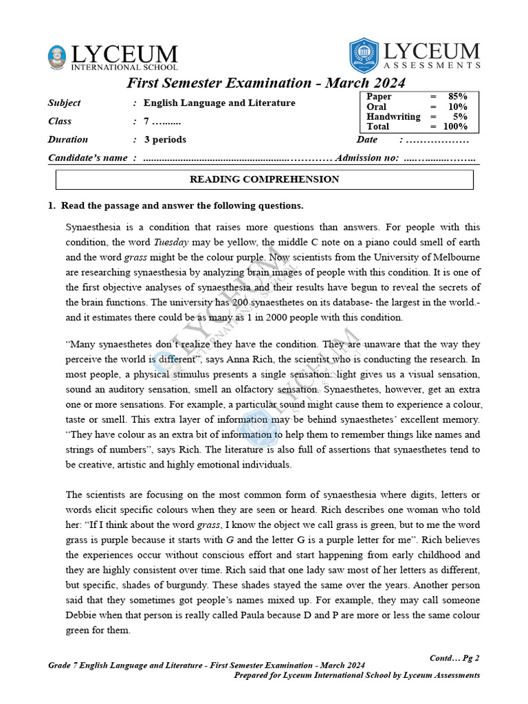 Grade 7 English Language & Literature | PDF | Senses | Poetry