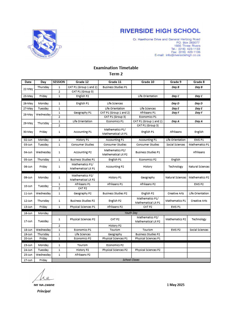 June Exam Timetable Term 2 2025 | PDF