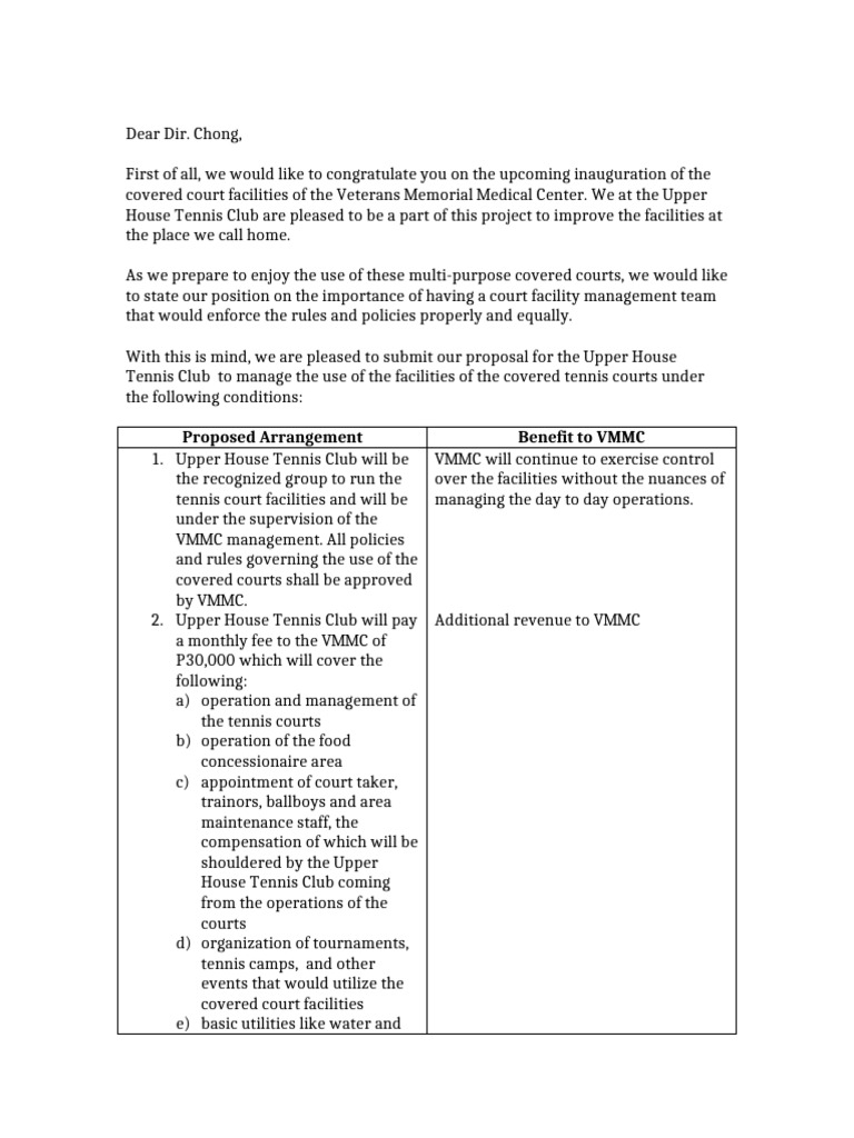 Proposal for VMMC Tennis Court Management | PDF
