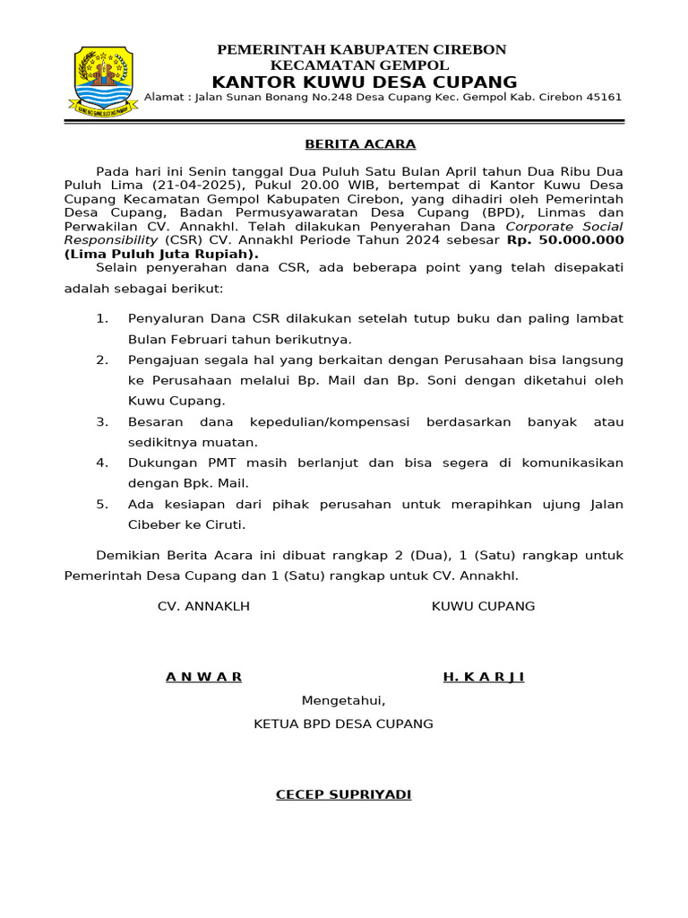Berita Acara CSR CV Ann | PDF