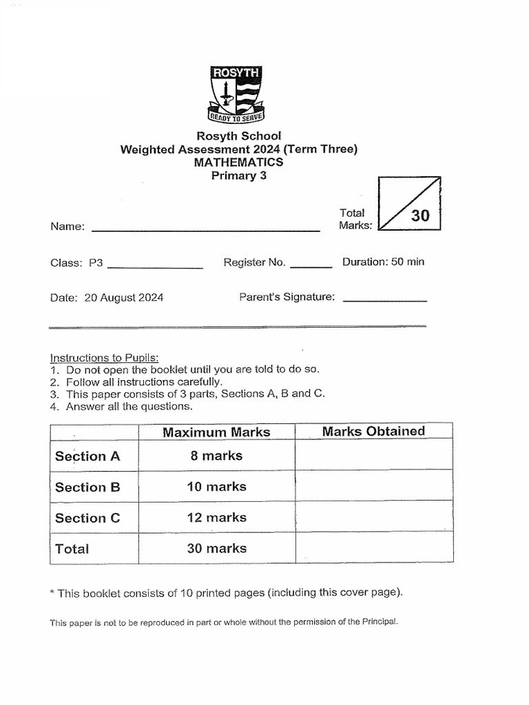 2024-P3-Maths-Weighted Assessment 1-Rosyth | PDF