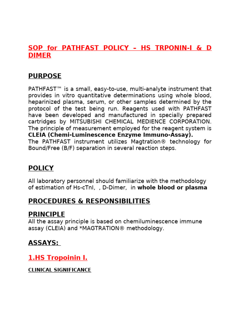 PATHFAST - Policy & Procdure SOP-Hs Troponin I & D Dimer | PDF ...