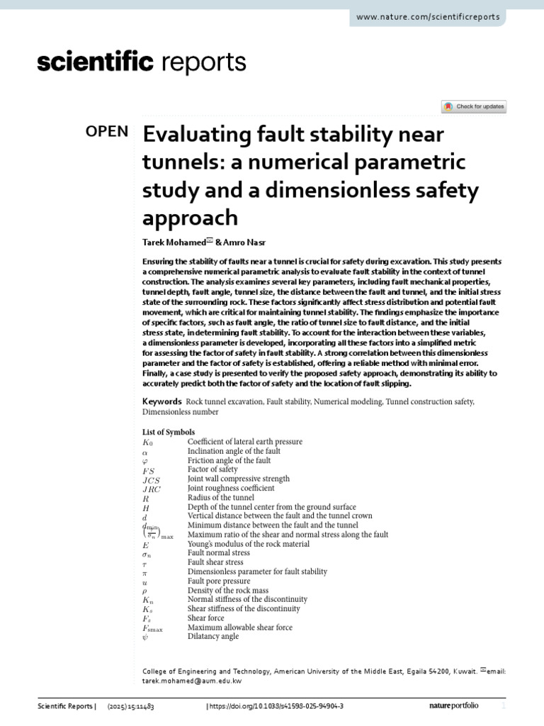 Evaluating Fault Stability Near Tunnels: A Numerical Parametric Study and A Dimensionless Safety ...