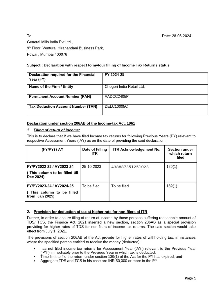 Self Declaration TDS 206 AB W.E.F. 01042024 Supplier (FY2024-25) | PDF ...
