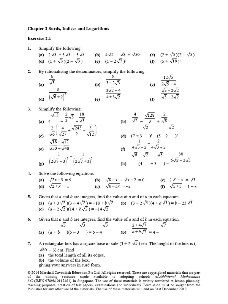Chap 2 Surds, Indices and Logs | PDF | Arithmetic | Mathematics