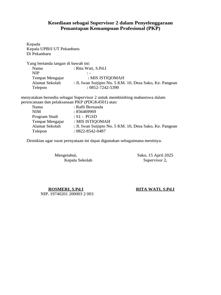 Surat Kesediaan Supervisor 2 Dan Penilai 1 | PDF