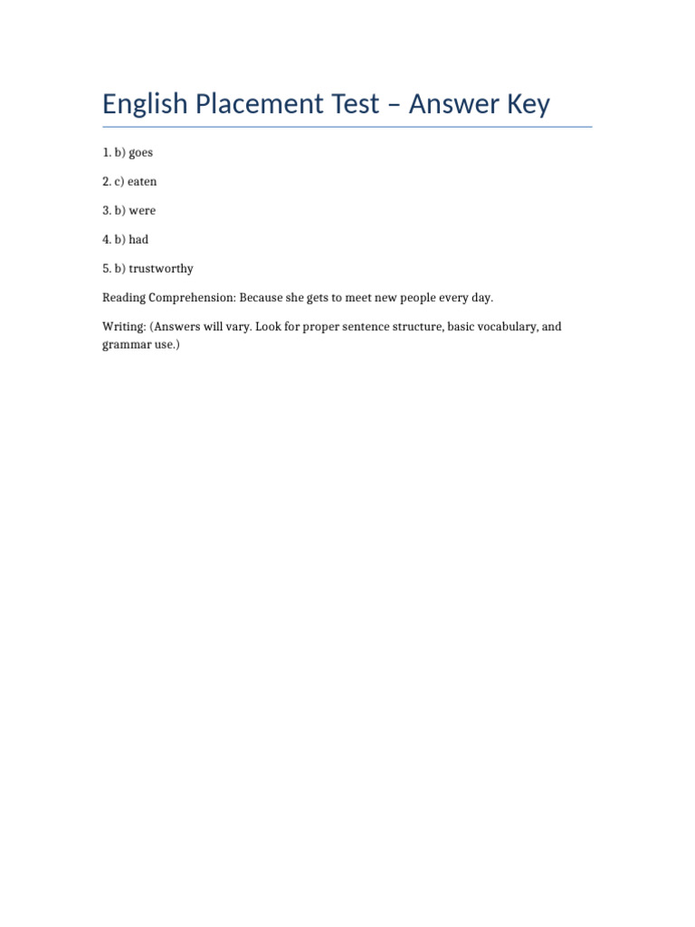 English Placement Test Answer Key | PDF