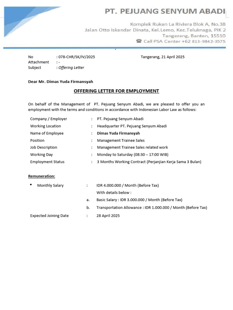 Offering Letter MT - Dimas Yuda Firmansyah | PDF