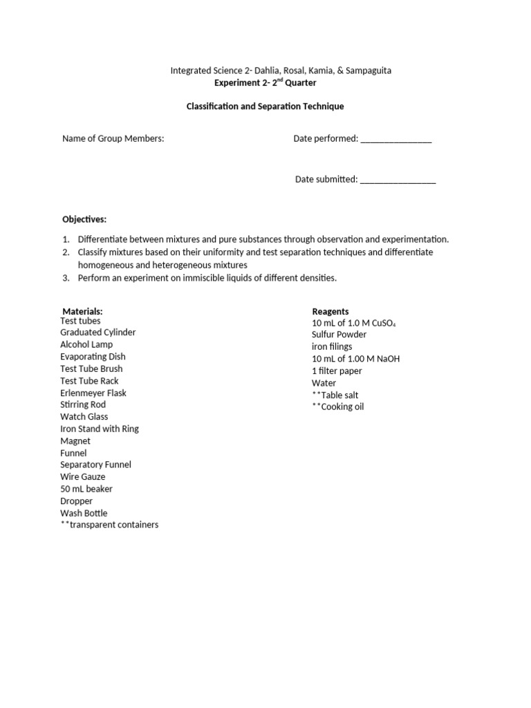 Classification and Separation Technique Laboratory | PDF | Filtration ...
