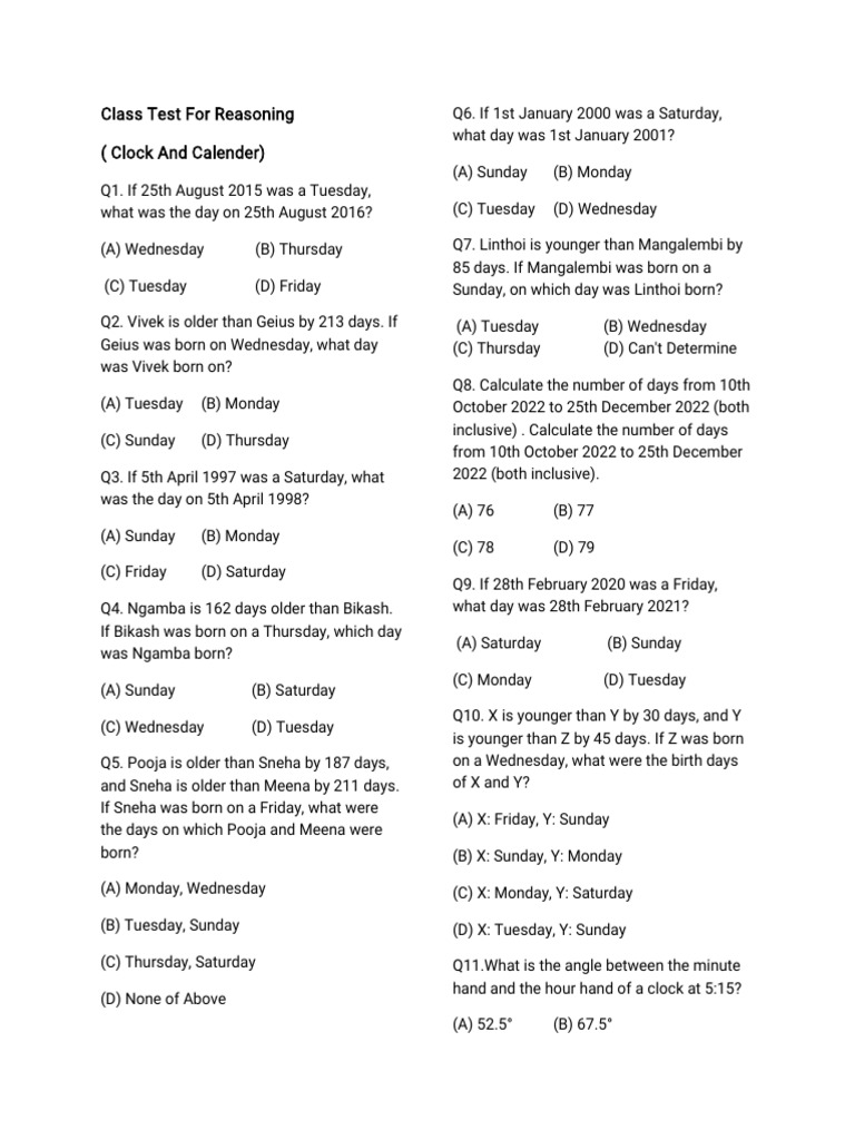 Class Test Clock and Calender | PDF
