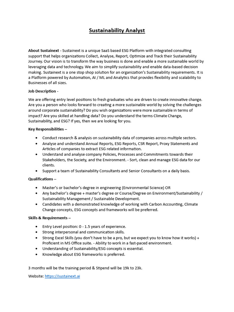 Sustainability Analyst - JD | PDF | Sustainability | Business