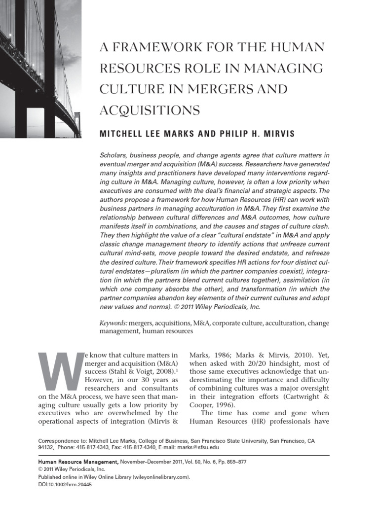 HR Framework for M&A Culture Management | PDF | Mergers And ...