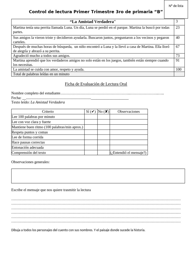 Control de lectura Primer Trimestre 3ro de primaria | PDF