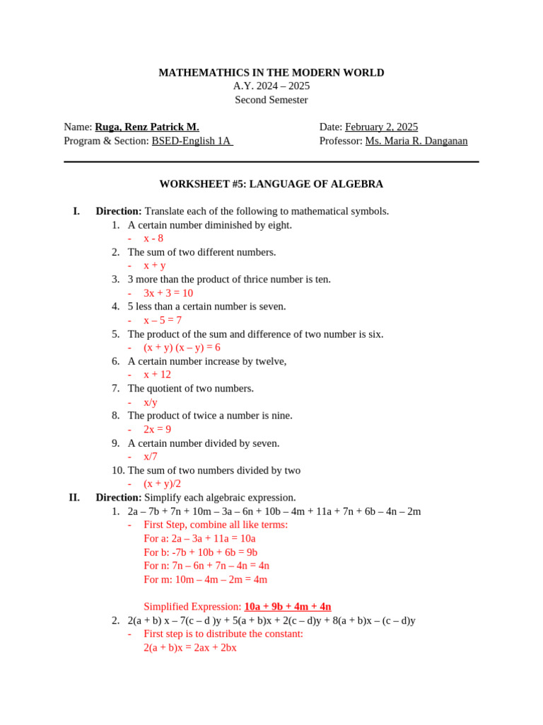 Rpruga240998 Bsed-Eng 1a Mitmw Language of Algebra | PDF | Numbers | Mathematics