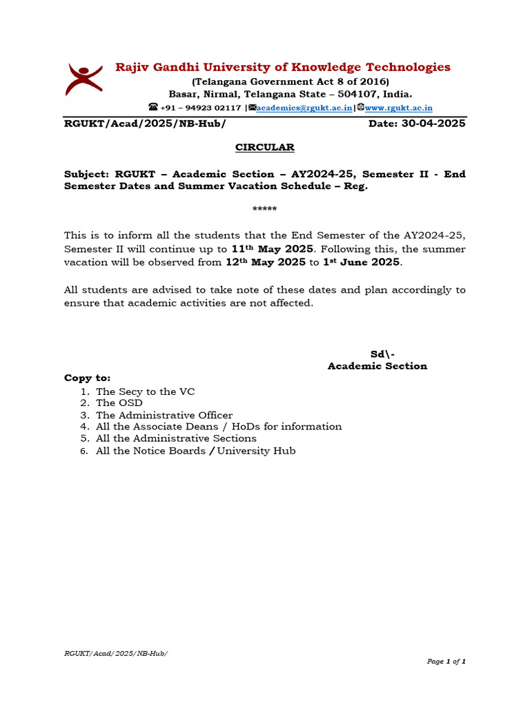 Circular For Summer Vacation | PDF