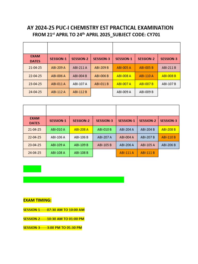 PUC I Chemistry lab Time table and class allocation | PDF