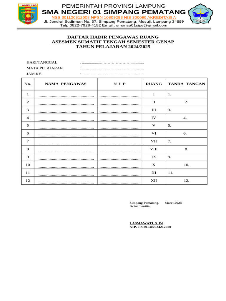 DAFTAR HADIR PENGAWAS RUANG | PDF