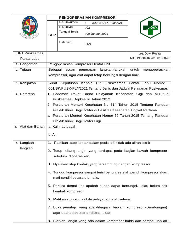 Sop Pengoperasian Kompresor 2021 | PDF