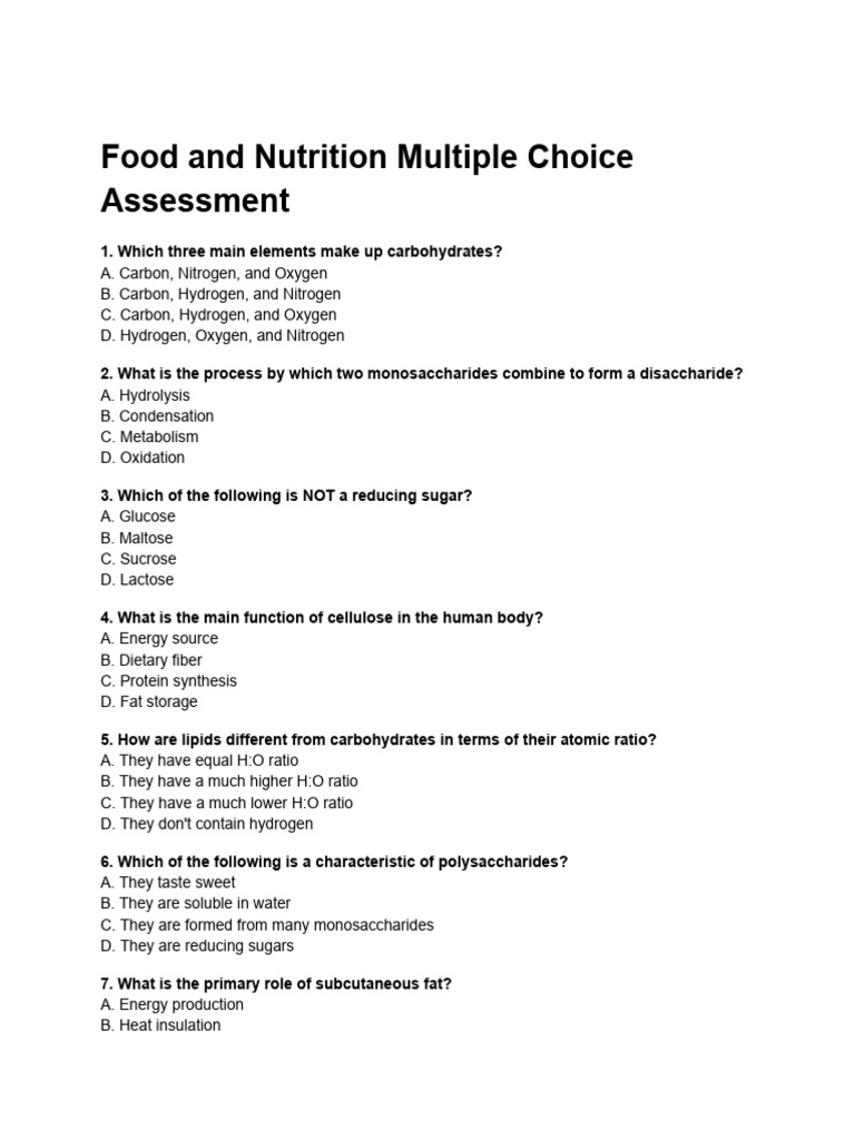 Food and Nutrition MCQ Assessment Guide | PDF | Carbohydrates | Nutrition