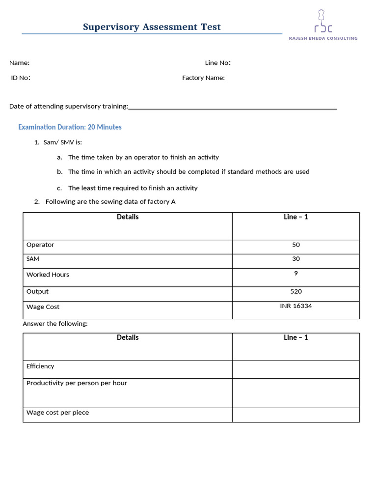 Supervisory Pre Training Questionnaire | PDF | Production And ...