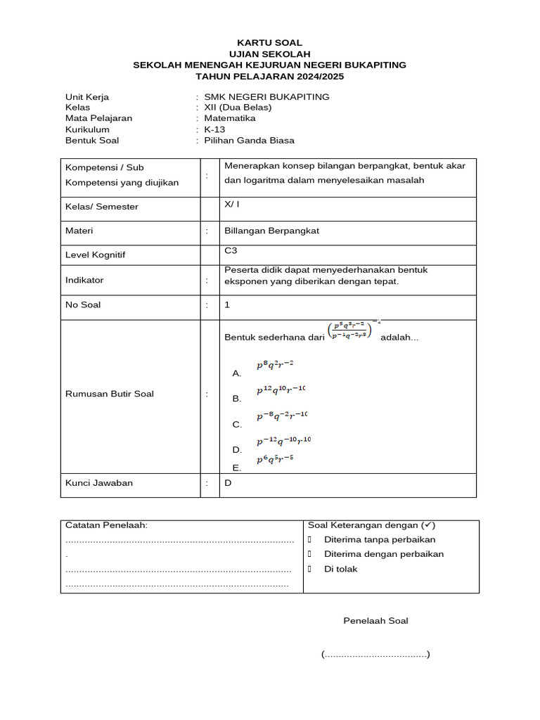 Kartu Soal Us MTK 1-10 2025 | PDF