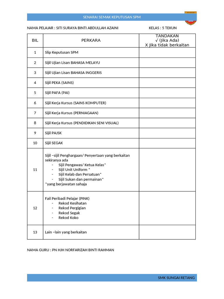 Senarai Semak Result SPM | PDF