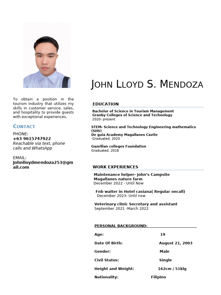 John Lloyd S Mendoza CV Application 2023 | PDF