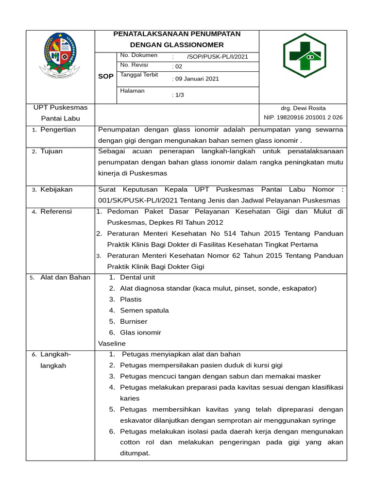 Sop Penatalaksanaan Penumpatan Dengan Glassionomer 2021 | PDF