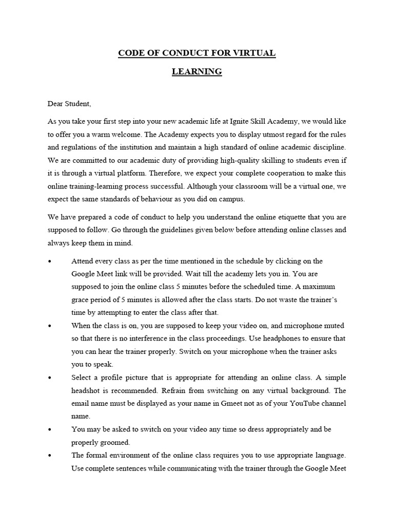 Code of Conduct Ignite Skill Academy Updated | PDF